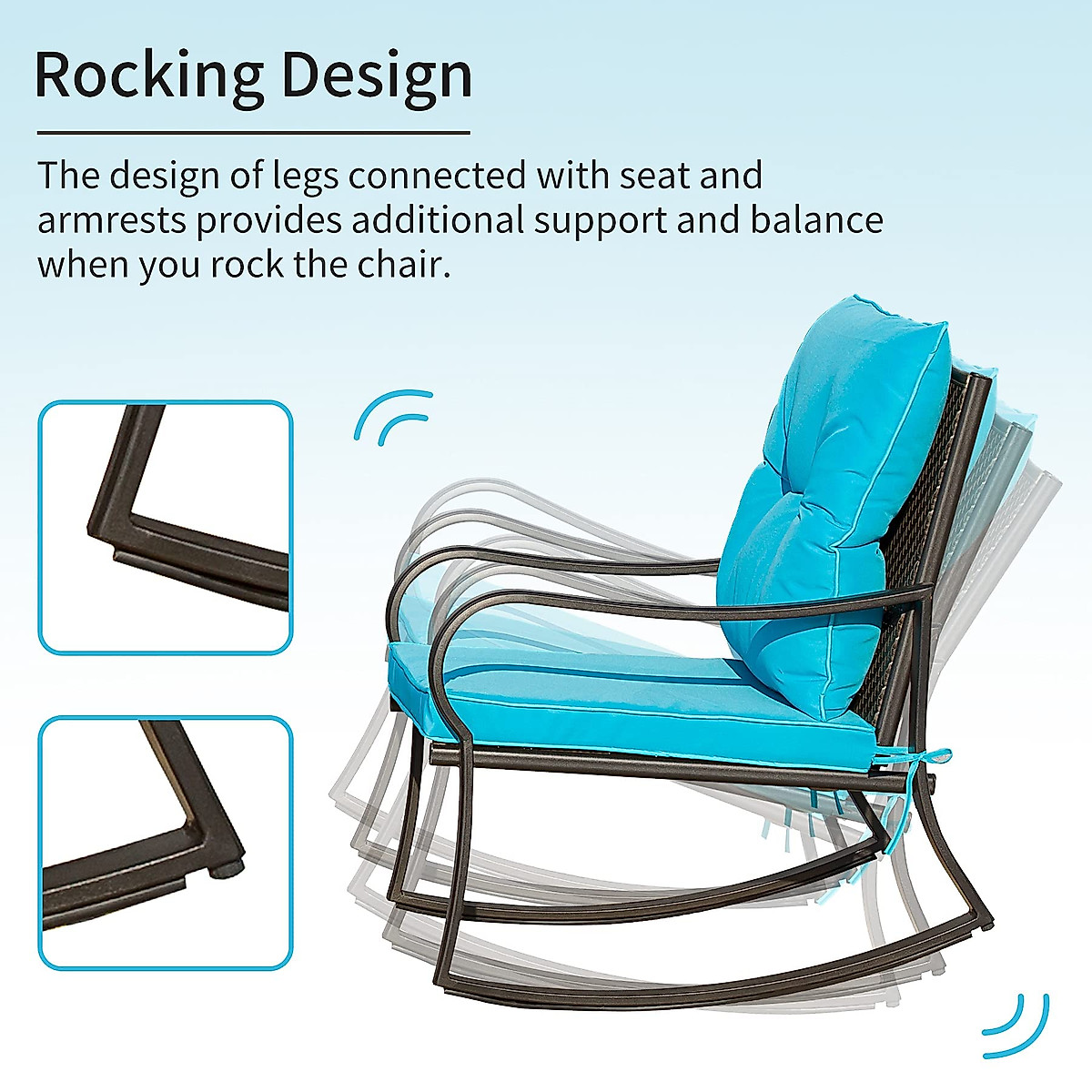 domi outdoor living 3 Pieces Bistro Set Outdoor Rocking Chairs All Weather Patio Wicker Furniture Set with Thickened Cushion and Glass Top Coffee Table for Yard,Bistro (Blue)