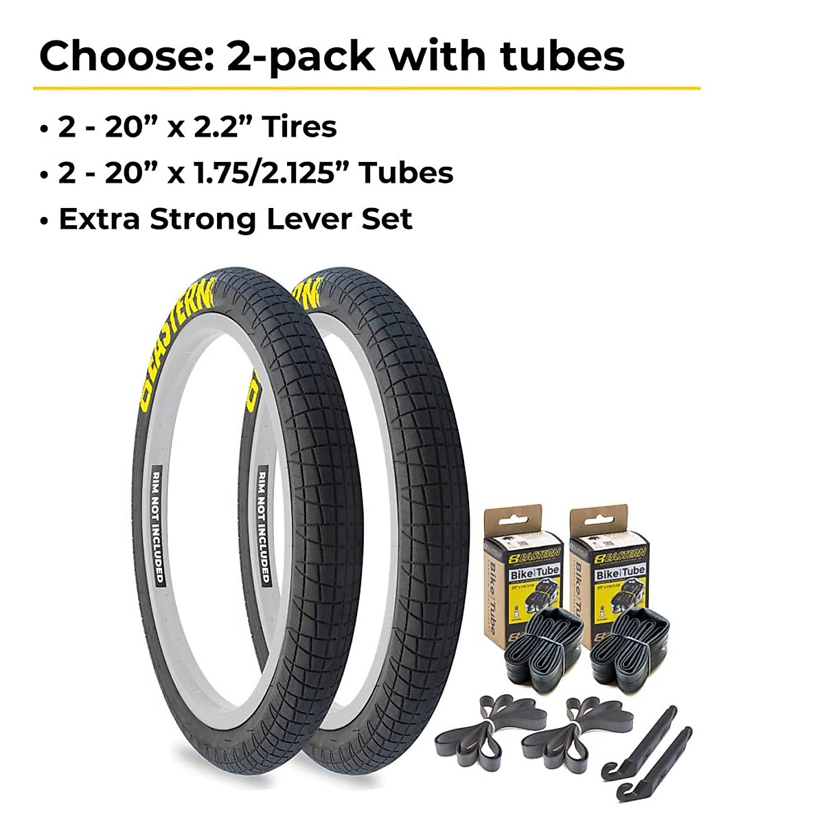 Eastern Bikes Throttle 20 inch BMX Tires Available with or Without Tubes, 2.2, 2.3 and 2.4 Inch Widths, White or Yellow Logo. (2.2" Yellow Logo, 2 Pack with Tubes)
