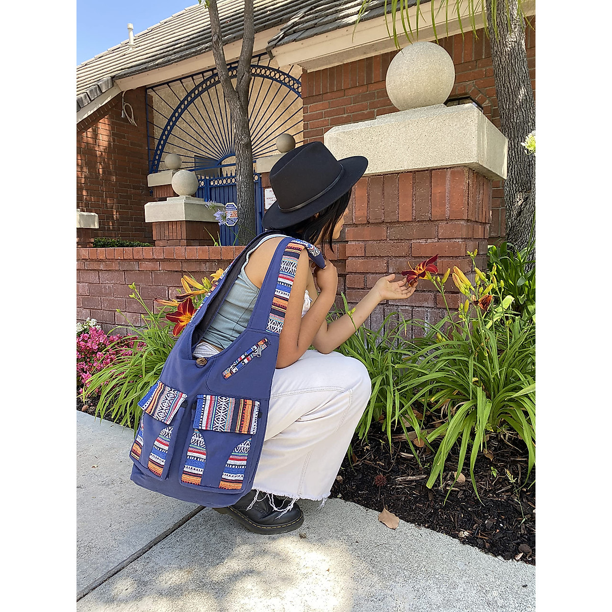 Navy Blue Cross Body Shoulder Bag with Woven Tribal Accent Design Large
