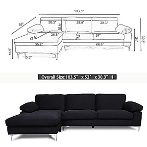 UStinsa Sectional Couch for Living Room Sectional Sofa with Velvet Fabric and Hard Wood Frame L-Shape Sectional Sofa Couch Black Sofa