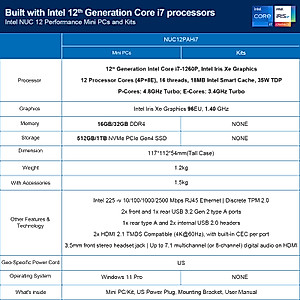 Intel NUC 12 Mini PC Kit NUC12WSHi7 (12-Core i7-1260P 16GB RAM 512GB SSD Iris XE Graphics) Windows 11 Pro Latest Desktop Computer Mini PC,2 x Thunderbolt 4, Intel nuc Wi-Fi 6E AX211 Wireless