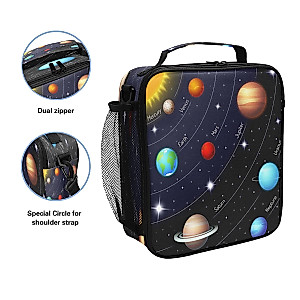 AUUXVA Kids Lunch Box, Planets Color, Unisex, 10.5x3.5x9.5 Inch, Oxford Material and Aluminum Film, Spacious, Lightweight, Adjustable Shoulder Straps, Heat Insulation