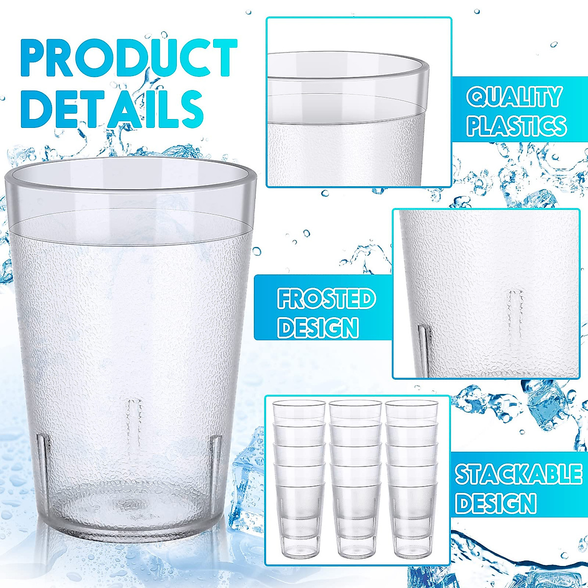 Hoolerry 48 Pack Plastic Drinking Glasses Set 5 oz Clear Plastic Tumblers Stackable Frosted Plastic Cup Reusable Drinking Glasses Cups Bulk for Weddings Party Restaurant Kitchen