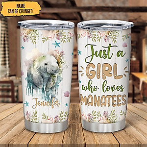 Hyturtle Personalized Gifts For Manatee Lover - Just A Girl Who Loves Manatees Custom Name Stainless Steel Tumbler 20oz With Lid - Idea Ocean Animal Lover Gifts For Women Girl On Birthday, Christmas