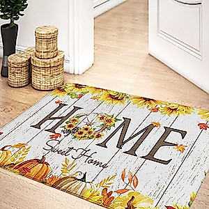 JAWO Fall Bathroom Rugs, Pumpkin Sunflower Decorate Autumn Thanksgiving Bath Mat, Seasonal Country Floor Door Mat Non Slip Memory Foam Home Decor 17 x 29 Inch