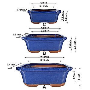 MUZHI 3 Pack Ceramic Rectangular Bonsai Tree Planter Pot Set 6”+7”+9”, Cactus Succulent Planter Blue Glazed with Mesh Hole Screens