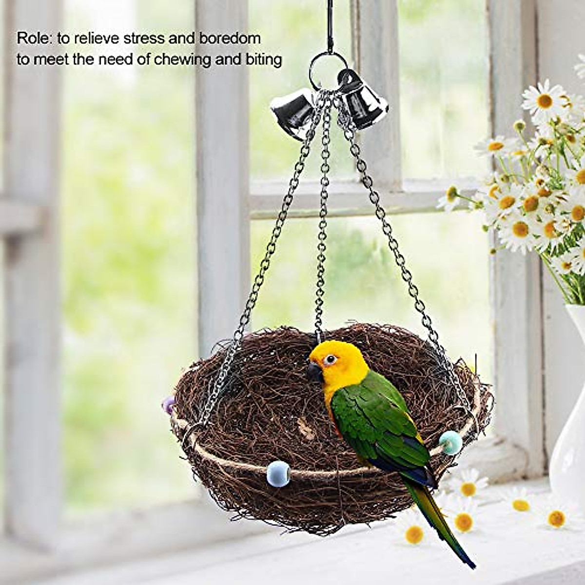 Birds Nest, 2 Sizes Rattan Birds Parrot Straw Nest Swing Hanging Toy with Bells Toys(27 * 12cm)
