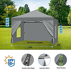 RHOLUTA 10x10 Pop Up Canopy Tent with 4 Removable Sidewalls, Ez Pop Up Outdoor Canopy, Adjustable Waterproof Canopy with Roller Bag, 4 Sand Bags, 4 Ropes and 8 Stakes