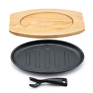 Fuji Merchandise Oval Shape Cast Iron Steak Plate Sizzle Griddle with Wooden Base Steak Pan Grill Fajita Server Plate Home or Restaurant