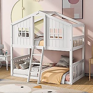 TARTOP Twin Over Twin House Bunk Bed with Ladder, Twin Wood Bed Frame with Roof Design, Bunk Bed for Teens, Boys and Girls, White