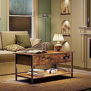 HOOBRO Lift Top Coffee Table, Coffee Table with Charging Station, Coffee Table with Lift Top and Power Outlet, Center Table for Living Room, Office, Reception Room, Rustic Brown and Black BF05UKF01