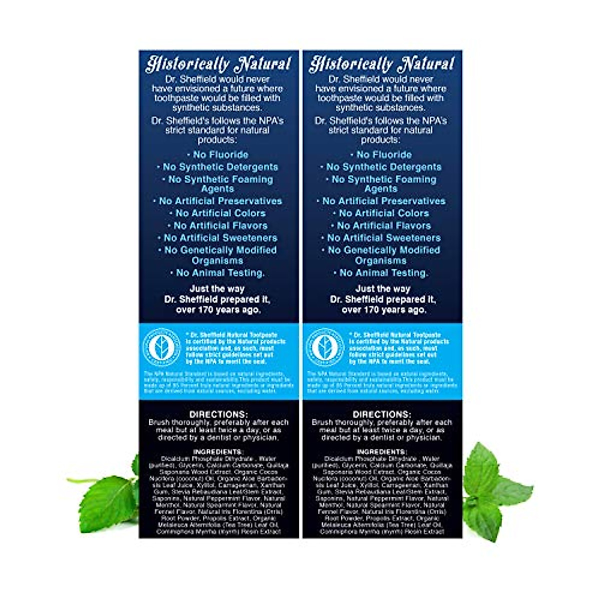Dr. Sheffield’s Certified Natural Toothpaste (Peppermint) - Great Tasting, Fluoride Free Toothpaste/Freshen Your Breath, Whiten Your Teeth, Reduce Plaque (2-Pack)