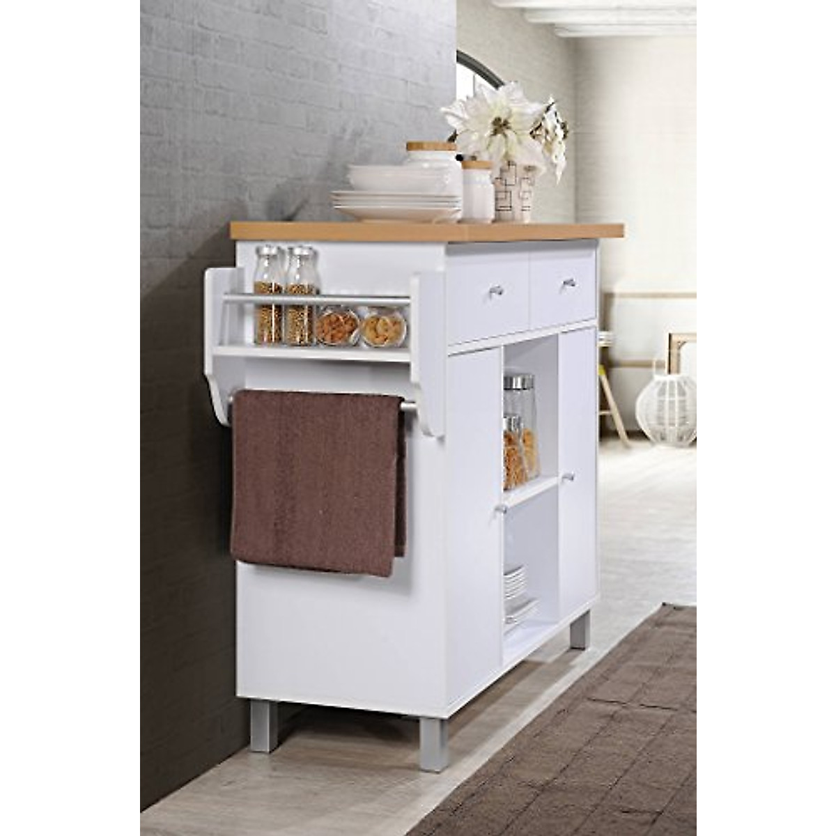 Hodedah Import Island with Spice Rack & Towel Rack Kitchen Cabinet