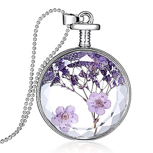 Lifenanny Dry Pressed Flower Necklace Handmade Purple Lavender Glass Necklace Round Pendant Necklace for Women Girls (Purple)