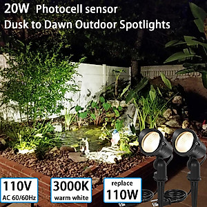 20W Dusk to Dawn Outdoor LED Spotlight Plug in with Photocell Sensor for House Flag Yard Tree Garden, 3000K 1000lm Warm White 120V Landscape Lighting with Stake IP66 Waterproof 5.9ft Cord, 2 Pack