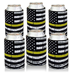 Can Cooler Sleeves USA Thin Yellow Line Flag Can Coolies Bulk Drink Beer Can Insulator Covers Collapsible Can Wraps 6Pc