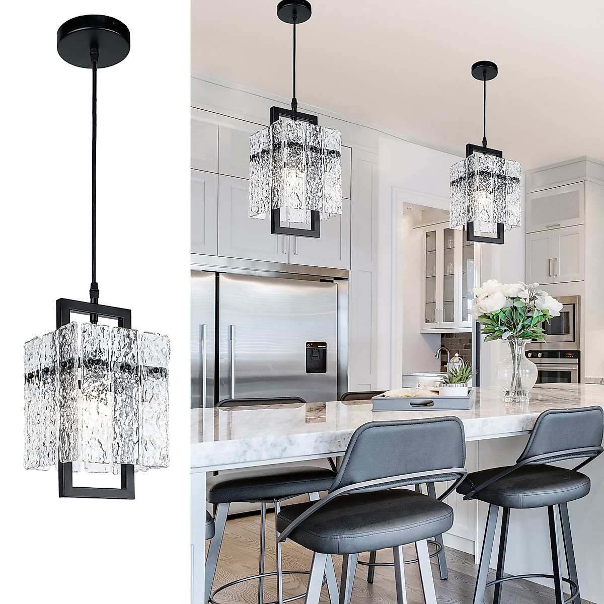 IKK Black Crystal Pendant Light for Kitchen Island, Luxury Water Ripple Glass Chandelier Lights Fixture, Modern Elegant Adjustable Pendant Lighting for Dining Room Bedroom, E12 Bulb, L6.5'' x H11.8''