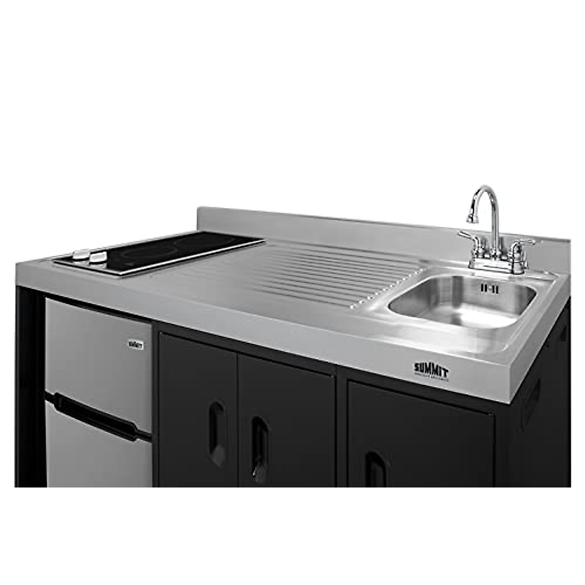 Summit Appliance CK54SINKR 54" Wide All-In-One Kitchenette, Stainless Steel Sink and Faucet, 2-door Refrigerator-freezer, 2-burner Smooth-top Cooktop, Indicator Lights, Storage Compartments
