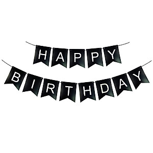 Black Happy Birthday Banner, Black Happy Birthday Bunting Banner with White Letters Birthday Party Decoration Supplies