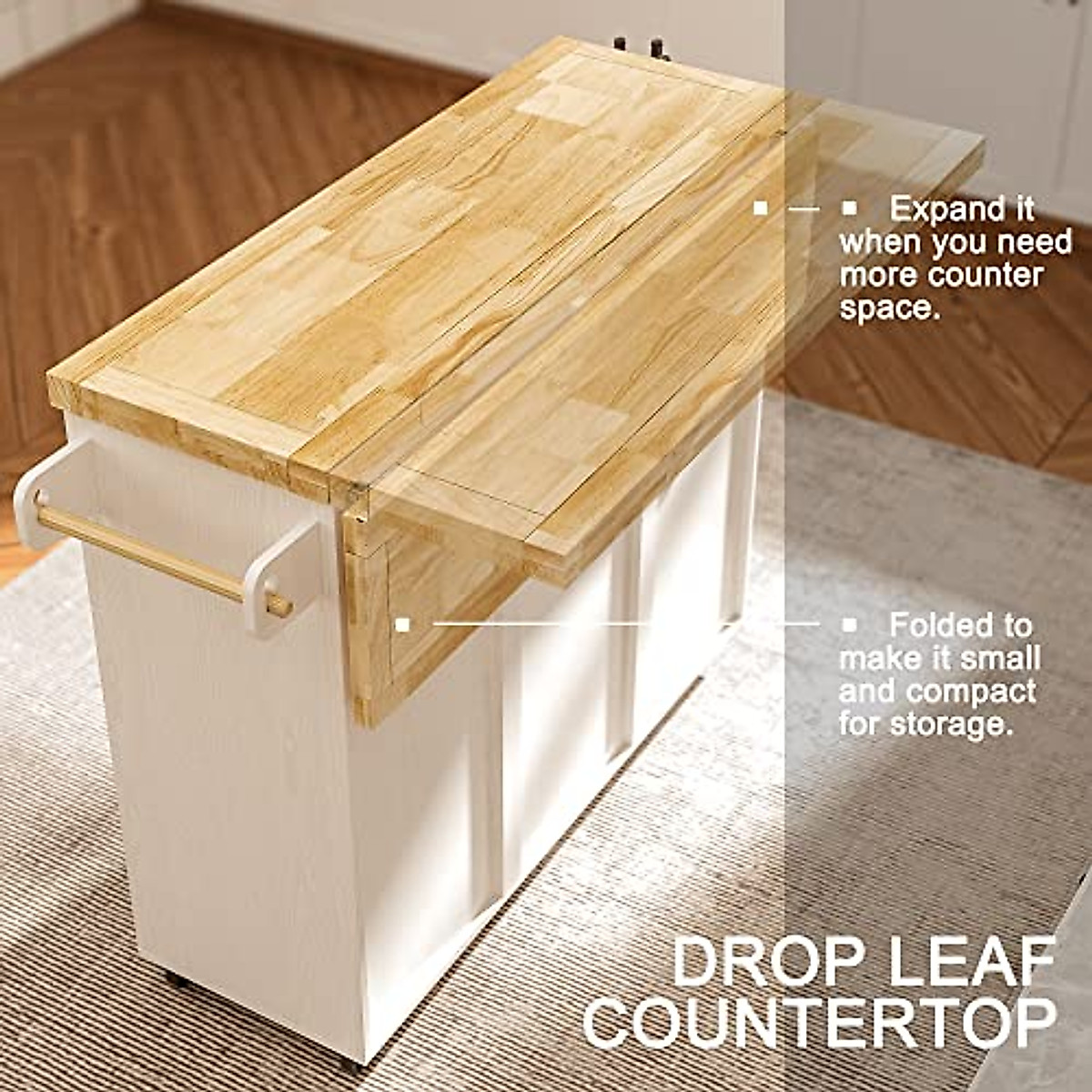IRONCK Rolling Kitchen Island Cart with Drop-Leaf Countertop, Barn 3Drawers, Barn Door Style Cabine,Thicker Rubberwood Top, Spice Rack, on Wheels, for Kitchen and Dining Room, White