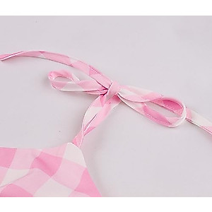 Nihsatin Barbie Pink Swing Dress Tie Shoulder Plaid Printed Knot Waist Dress
