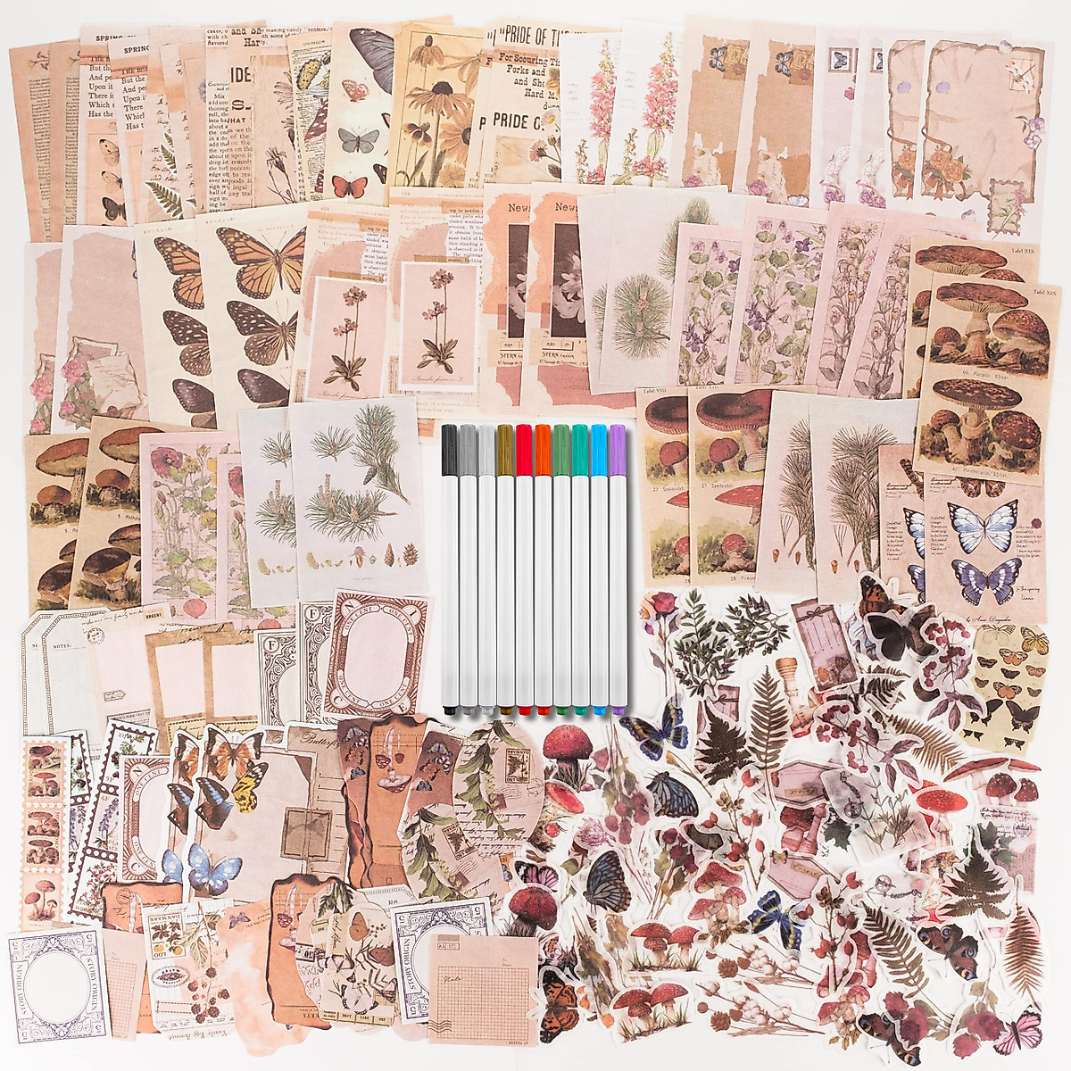 174 PCS Scrapbook Supplies for Junk Journal, Travelers Notebook, Cards Making, Mixed Media Art, 10 Pens and Accessories