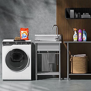 Utility Sink Free Standing Single Bowl Kitchen Sink with Cold and Hot Water Pipe Stainless Steel Sink for Laundry Room Bathroom Farmhouse