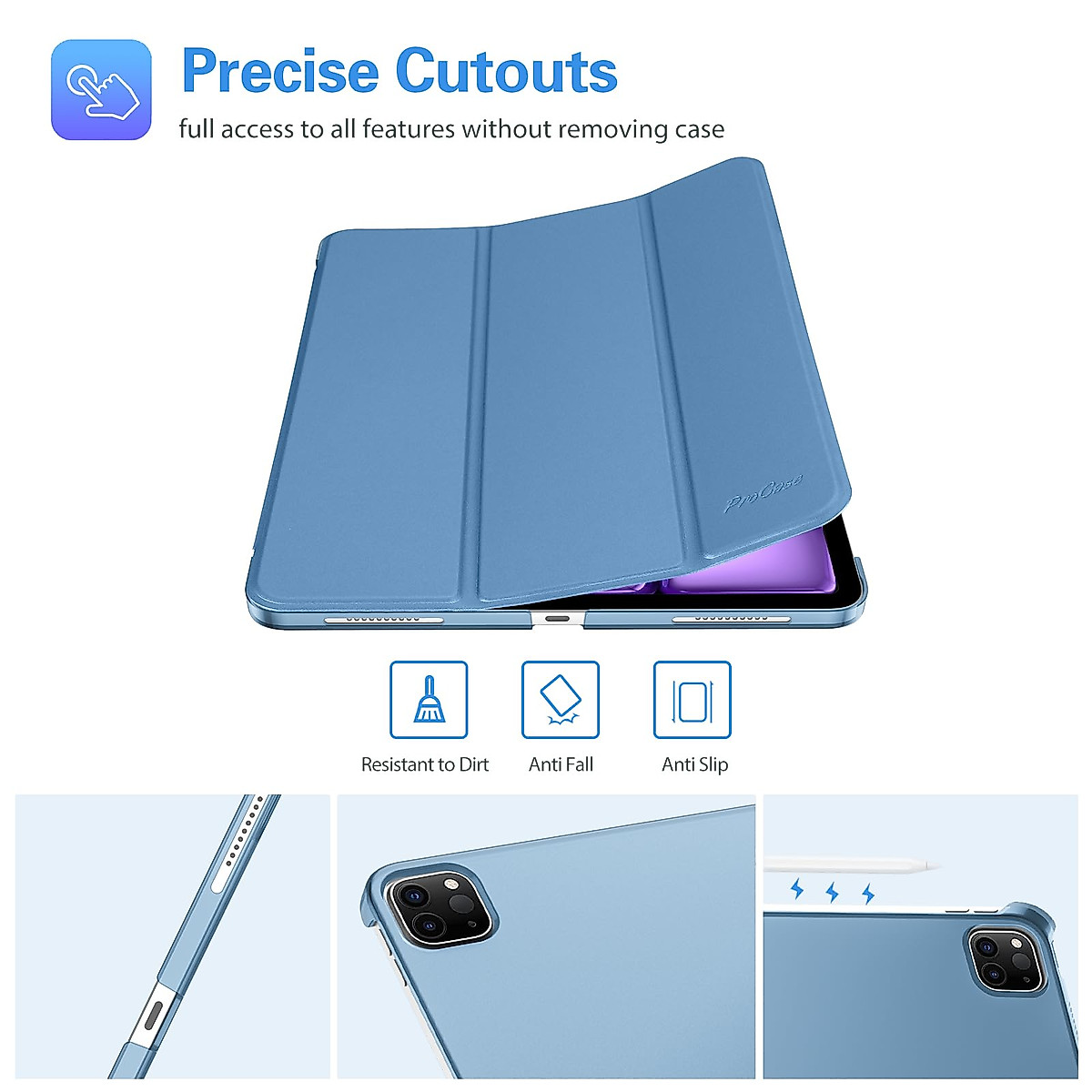 ProCase Smart Case for iPad Pro 12.9 2022/2021/2020/2018, Slim Stand Hard Back Shell Smart Cover for iPad Pro 12.9" 6th Gen/5th Gen/4th Gen/3rd Gen -Blue