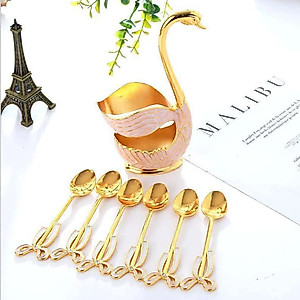 Watris Veiyi Coffee Spoons Set, Dessert Spoons Set, 6PCS Tea Spoons with Swan Base Holder, Metal Coffee Spoon Organizer, Stainless Steel Small Spoons for Coffee Cake Dessert Ice Cream Tea Fruit (Gold)
