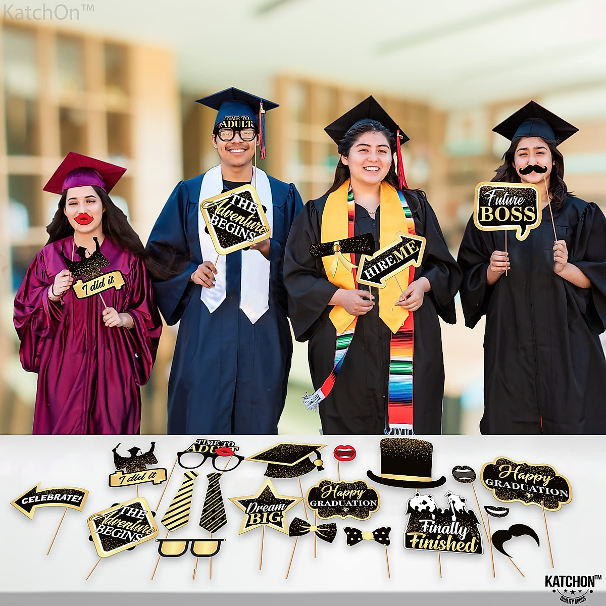 KatchOn, Black Graduation Photo Booth Props 2024 - Pack of 33 | Grad Photo Props, Black and Gold Graduation Photo Props | Graduation Props for Photoshoot 2024, Graduation Decorations Class of 2024