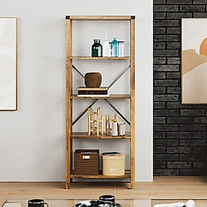 Landia Home Etagere Bookcase with 5 Tier Storage, Metal Plated Top Edges, Industrial Design, Brown