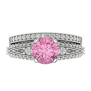 Clara Pucci 2.10ct Round Cut Solitaire Accent Pink Simulated Diamond Engagement Promise Bridal Ring Band set 14k White Gold 8