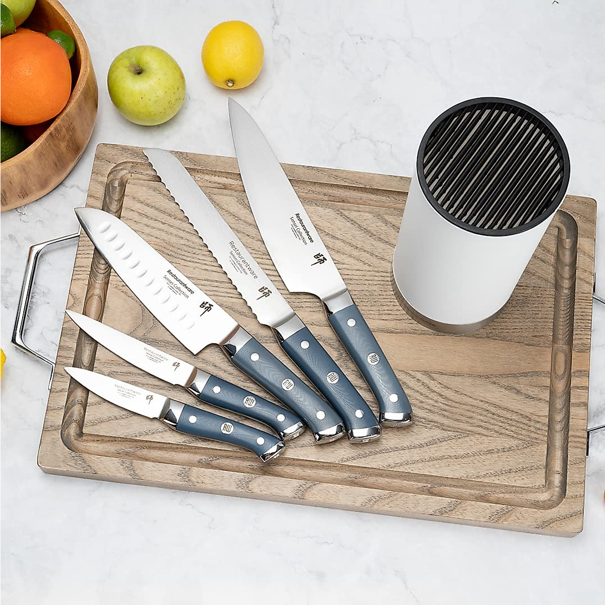 Restaurantware Sensei 4.3 x 8.8 Inch Round Knife Block 1 Round Slotted Knife Holder - Soft Touch Holds 9 Knives White Plastic Universal Knife Holder For Easy Storage