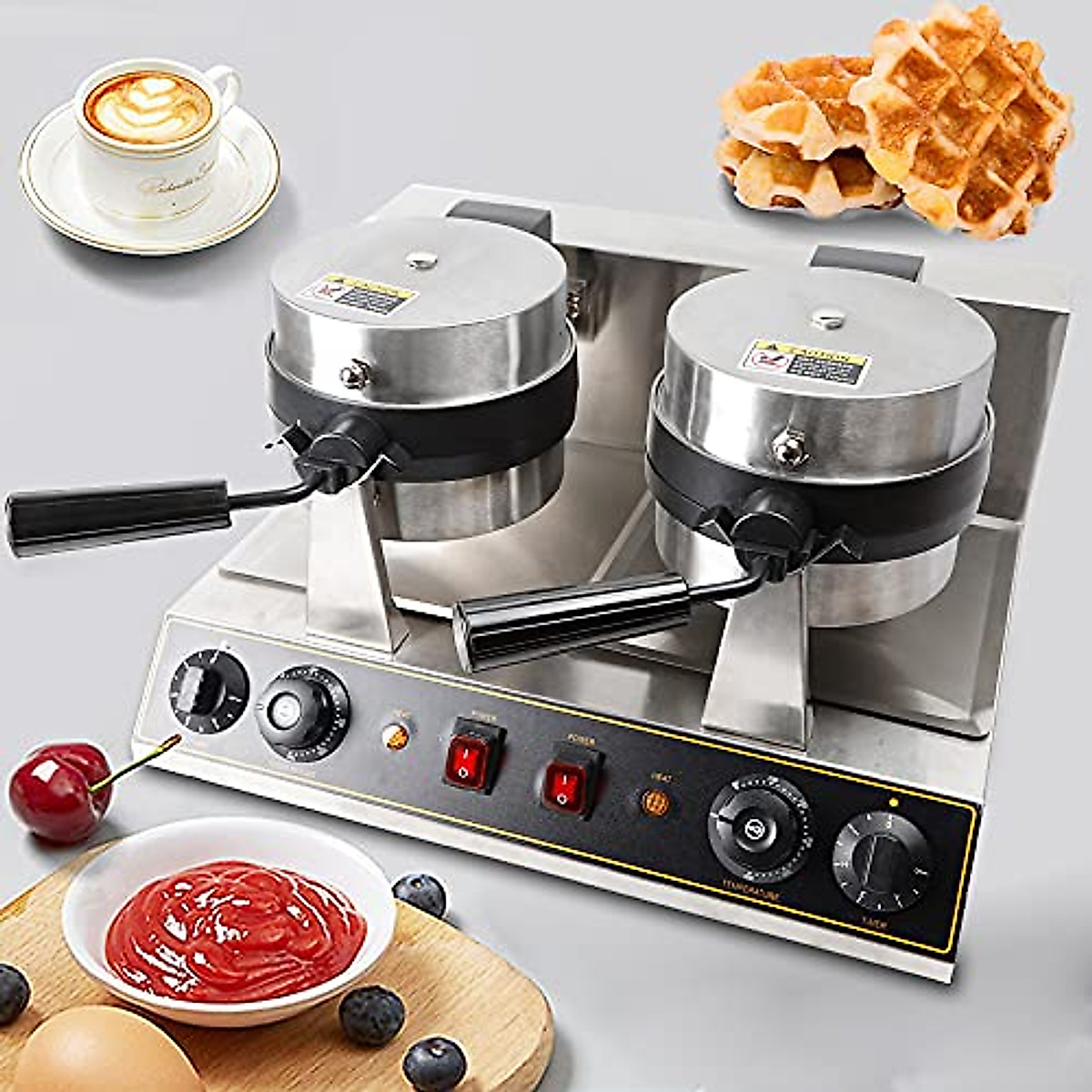 Waffle Maker 2400W Electric Double Heads Waffle Machine Non-stick Round Waffle Iron Maker Thicken Stainless Steel Home or Commercial Use Restaurant or Bakery 110V