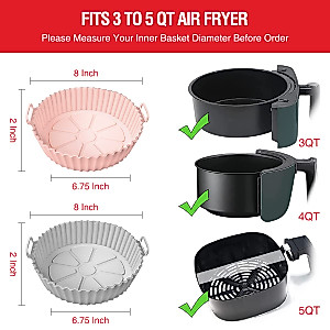 2 Pack Air Fryer Silicone Liners Pot for 3 to 5 QT, Air Fryer Silicone Basket Bowl, Replacement of Flammable Parchment Paper, Reusable Baking Tray Oven Accessories, Pink+Grey, (Top 8in, Bottom 6.75in)