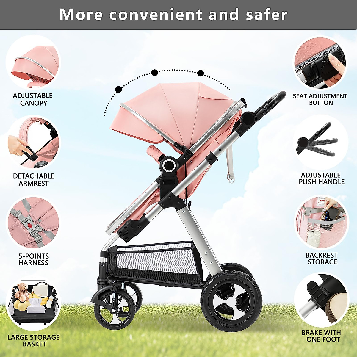 Blahoo Baby Stroller for Newborn, 2 in1 High Landscape Stroller, Foldable Aluminum Alloy Pushchair with Adjustable Backrest.Adjustable Awning