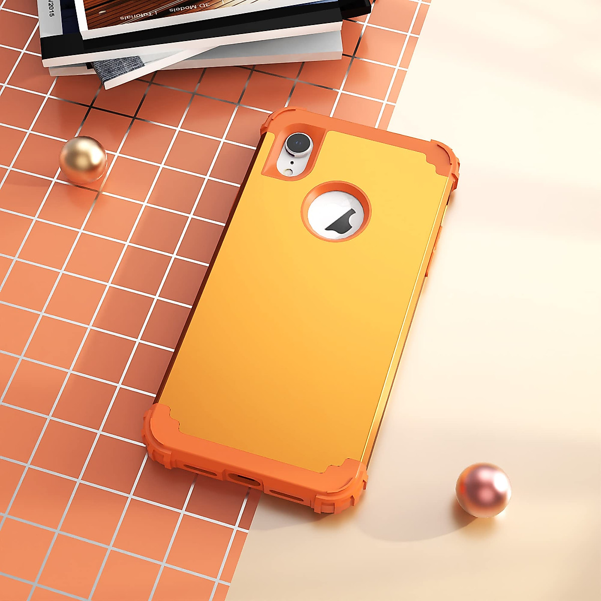 IDweel for iPhone XR Case, Case for iPhone XR Case with Screen Protector,3 in 1 Shockproof Slim Fit Hybrid Heavy Duty Hard PC Cover Soft Silicone Bumper Full Body Case,Sundial Yellow/Orange