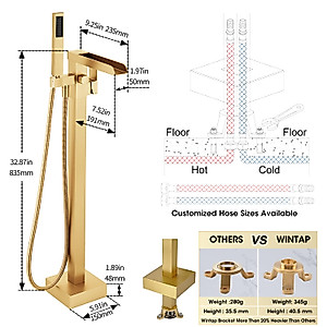 Wintap Freestanding Bathtub Faucet,Floor Mount Tub Filler High Flow Waterfall Bath Filler,Brushed Gold Tub Faucets with Hand Shower