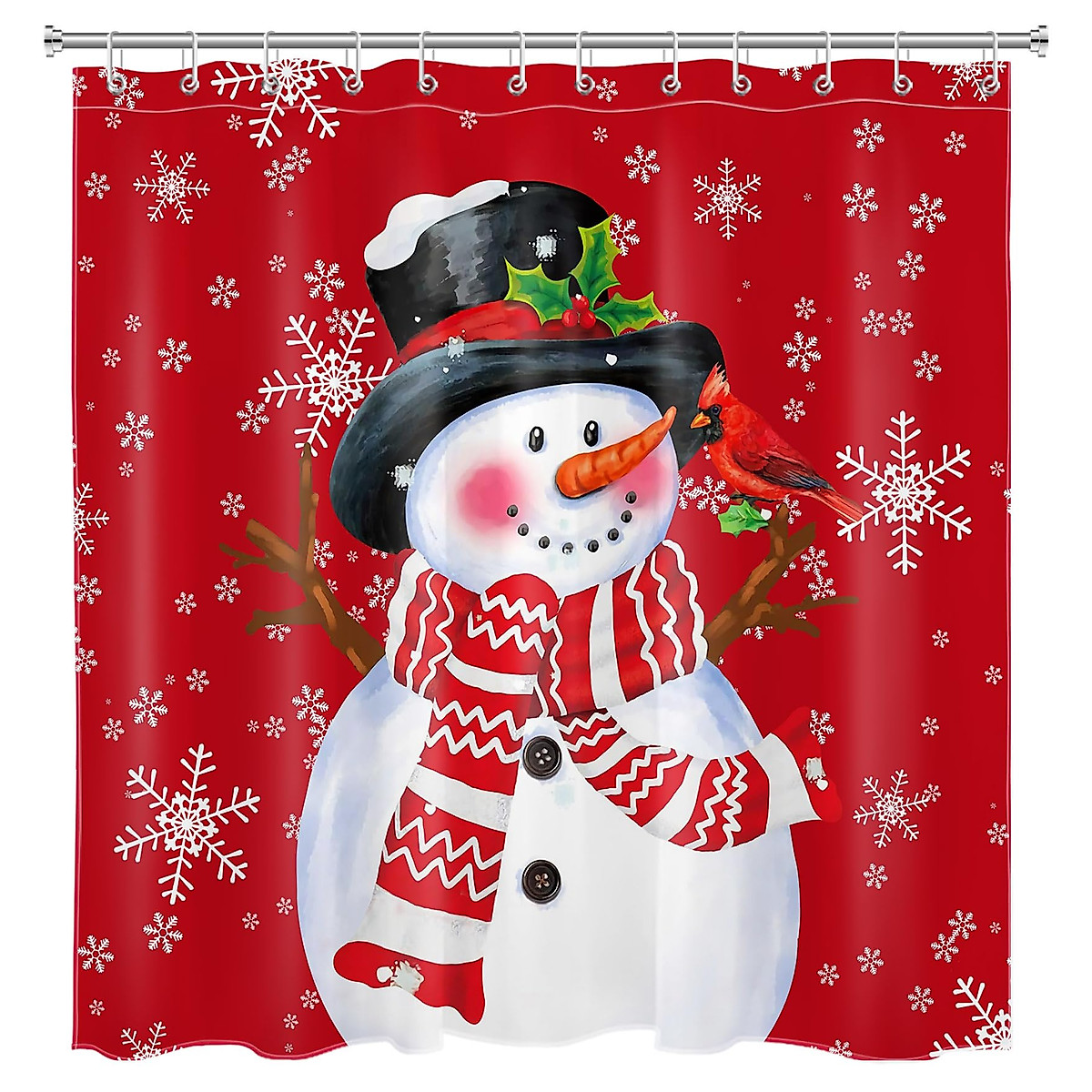 LB Funny Snowman Shower Curtain for Bathroom, Christmas Cardinal with Snowflake on Red Fabric Shower Curtain with Hooks, Winter New Year Holiday Bathroom Curtain Shower Set, 72" W x 72" L