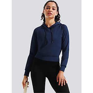 CADMUS Women's Workout Long Sleeve Shirts with Hoodie Sweatshirt Running Crop Top 2 Pack, Black, Navy Blue, Large