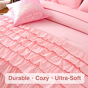 A Nice Night Waterfall Flutter Ruffle Comforter Set,Ruffled Textured Soft Chic Princess 6pcs Bedding Set,with Bling Shiny Sequin Throw Pillow Case,Pink,Twin