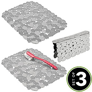 mDesign Adjustable Kitchen Sink Dish Drying Mat/Grid - Soft Plastic Sink Protector, Cushions Sink, Dishes - Quick Draining Pebble Design - Includes 1 Saddle, 2 Large Mats - Set of 3 - Light Gray Stone