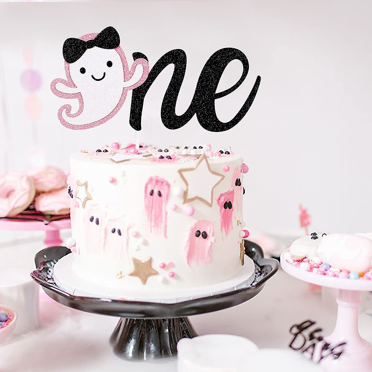 Pink and Black Glitter Halloween Ghost One Cake Topper Halloween Baby Ghost Cake Topper One Ghost Cake Topper for Halloween Girl 1st Birthday Cake Supplies