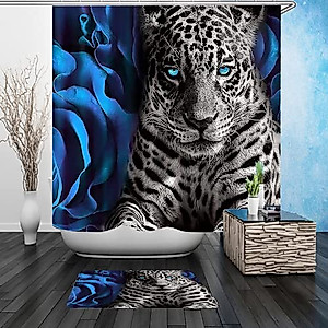 NBVKO 4PCS Blue Rose and Leopard Shower Curtain Set with Non-Slip Rugs,Toilet Lid Cover and Bath Mat,Bathroom Shower Decor Accessory Set