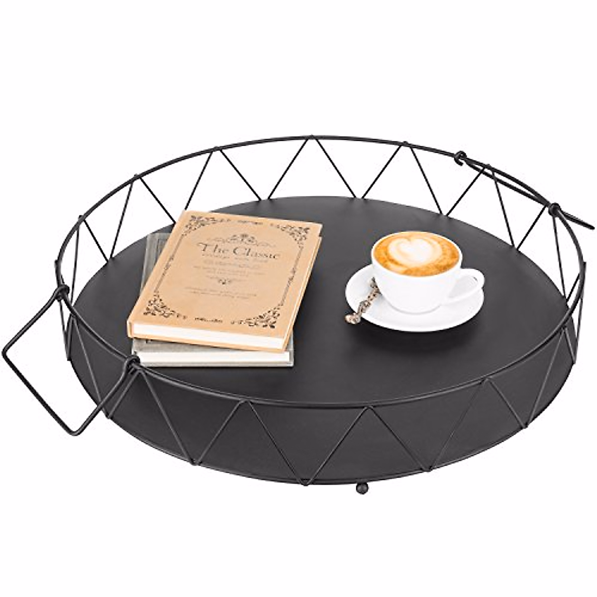 MyGift Metal Wire Decorative Serving Tray with Handles, Round Coffee Table Tray for Decorations