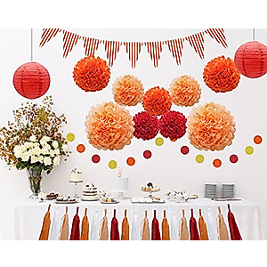 33pcs Party Decorations Supplies Set, Paper Lanterns Tissue Pom Poms Flowers Tassels Hanging Garland Banner Triangle Flag Bunting for Birthday, Baby Shower, Wedding Graduation Events (Orange, Red)