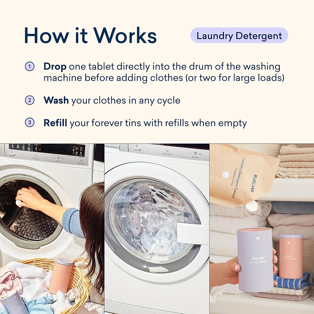 BLUELAND Laundry Detergent Tablets, Starter Set, 60 Count with Tin, Unscented, Plastic-Free Eco-Friendly Pods, Sheets, Liquid Alternative - Natural, Gentle, Non Toxic