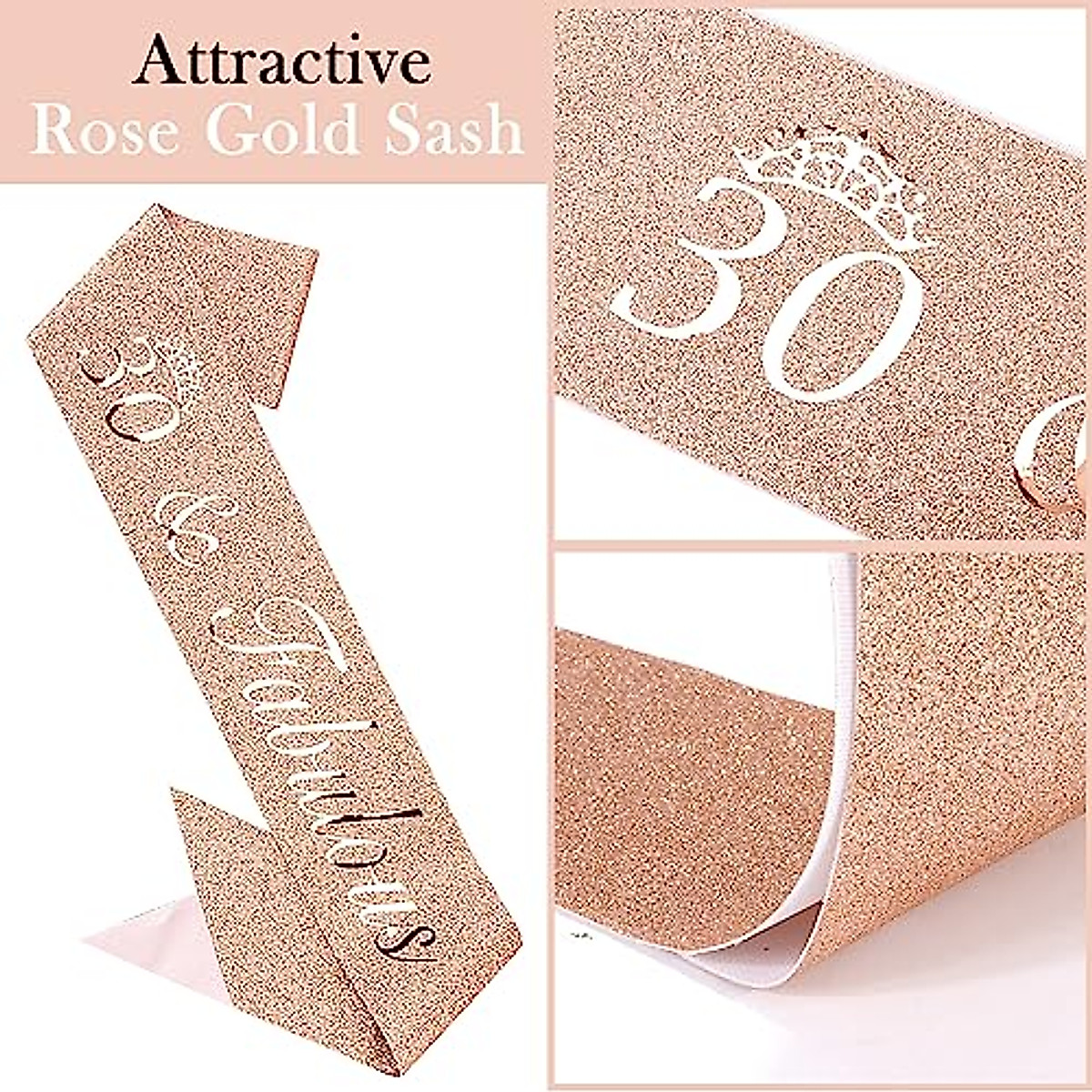 30th Birthday Decorations for Girls, Rose Gold Sweet Rhinestone Tiara Crown, Happy Birthday Cake Toppers, Birthday Queen Sash with Pearl Pin, Number Candles