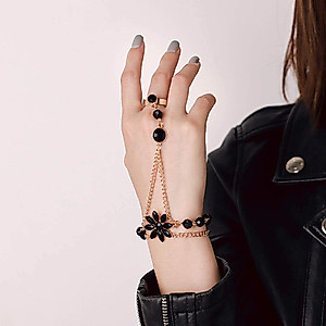 Yalice Rhinestone Finger Bracelet Ring Black Crystal Hand Chains Flower Slave Finger Chain Fashion Charm Hand Jewelry for Women