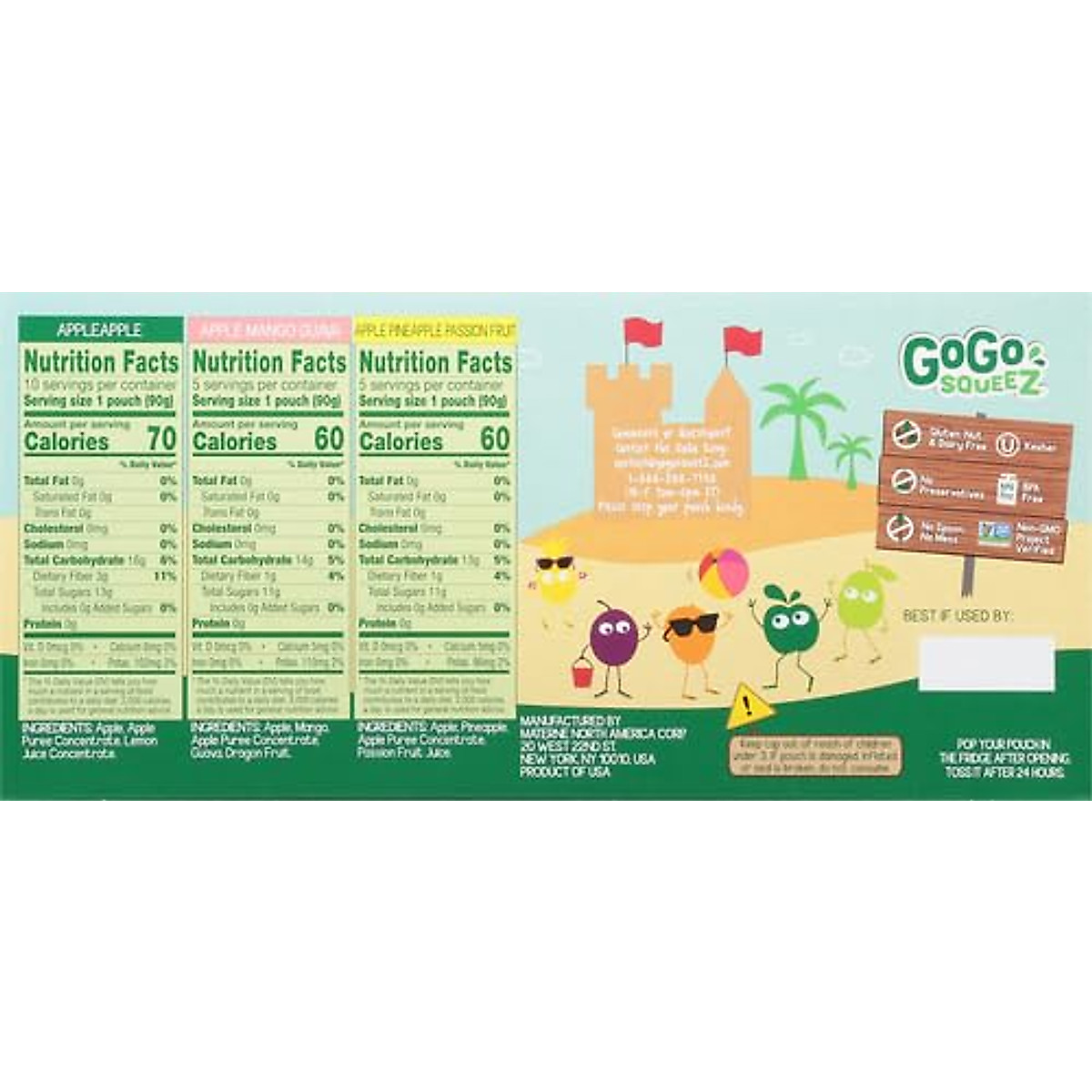 GoGo squeeZ Fruit on the Go Variety Pack, Apple, Mango Guava & Pineapple Passionfruit, 3.2 oz (Pack of 20), Unsweetened Snacks for Kids, No Gluten, Nut Dairy, Recloseable Cap, BPA Free Pouches